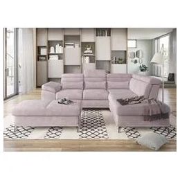 Sit & More Ecksofa SIT&MORE "Cabrio L-Form" Sofas Gr. B/H/T: 274 cm x 87 cm x 230 cm, Struktur weich, langer Schenkel links, mit Bettfunktion-mit Bettkasten-mit Sitztiefenverstellung-mit Kopfteilverstellung-mit Armteilfunktion-mit 3 Nierenkissen, rosa (rose) mit Sitztiefenverstellung und Federkern, 3 Nierenkissen