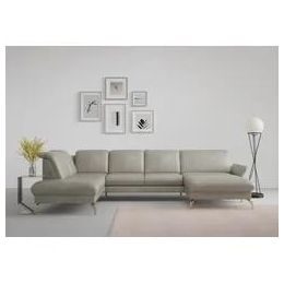 Sit & More Wohnlandschaft SIT & MORE "Fashion U-Form" Sofas Gr. B/H/T: 338cm x 84cm x 207cm, Luxus-Microfaser mit Prägung, Ottomane links, mit Kopfteilverstellung, grau (hellgrau) wahlweise mit Kopfteilverstellung, Vorziehsitz, motorisch, Nickelfüße