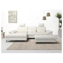 Ecksofa Places of Style "Costello L-Form, mit Sitztiefenverstellung, Armteilverstellung und" Sofas Gr. B/H/T: 301cm x 89cm x 176cm, NaturLEDER, Recamiere links, ohne Bettfunktion-ohne Bettkasten, weiß (altweiß) 3 Nierenkissen, optional Bettfunktion und Bettkasten