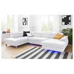 Wohnlandschaft COTTA "Komaris U-Form" Sofas Gr. B: 320 cm, Kunstleder SOFTLUX, Ottomane links, ohne Bettfunktion-ohne Bettkasten-ohne RGB-LED-Beleuchtung-mit Kopfteilverstellung, weiß (white) inklusive Kopfteilverstellung, wahlweise mit Bettfunktion und RGB-LED