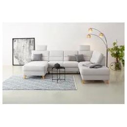 Wohnlandschaft Home Affaire "Westerland U-Form" Sofas Gr. B/H/T: 303cm x 90cm x 213cm, Olympia EASY CLEAN, Ottomane rechts, mit Bettfunktion, Stauraum und Armlehnfunktion, silberfarben (silber) Federkern, wahlweise Bettfunktion, Stauraum und Armlehn-Verstellung