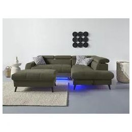 Ecksofa COTTA "Mia L-Form" Sofas Gr. B/H/T: 244cm x 74cm x 193cm, Flachgewebe, Ottomane rechts, Mit Bettfunktion-mit Bettkasten-mit RGB-LED-Beleuchtung-mit Wireless Charger, grün (turtle) 3-tlg.-Kissen-Set, Ottomane, wahlweise mit oder ohne RGB-Beleuchtung