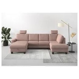 Wohnlandschaft Home Affaire "Summer U-Form" Sofas Gr. B/H/T: 314 cm x 91 cm x 170 cm, Feincord, Recamiere links, mit Bettfunktion-mit Bettkasten-mit Federkern, rosa (altrosa) mit oder ohne Bettfunktion und Bettkasten, wengefarbene Holzfüße