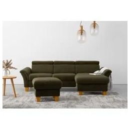 Ecksofa Home Affaire "Lindgren L-Form" Sofas Gr. B/H/T: 258cm x 84cm x 169cm, Struktur, Recamiere rechts, mit Bettfunktion mit einklappbaren Rollen-mit Bettkasten-mit Kopfteilverstellung-ohne Relaxfunktion motorisch im Recamiere-ohne Federkern, grün (khaki) wahlweise mit Bett klappbaren Rollen, Kasten und Kopfverstellung