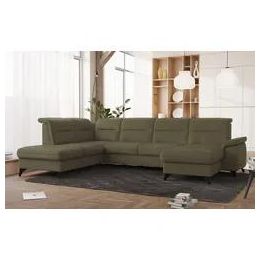 Sit & More Wohnlandschaft SIT & MORE "Astoria U-Form" Sofas Gr. B/H/T: 329cm x 91cm x 225cm, Microfaser, Ottomane links, mit Kopfteilverstellung-mit Armlehnfunktion-mit Relaxfunktion motorisch im Longchair-mit Bettfunktion-mit Stauraum, grün (olive) wahlweise mit motorischer Relaxfunktion