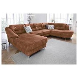 Sit & More Wohnlandschaft SIT & MORE "Salsa U-Form" Sofas Gr. B/H/T: 333cm x 86cm x 205cm, Microfaser, Recamiere links, mit Bettfunktion, braun (cognac) mit Federkern, wahlweise Bettfunktion