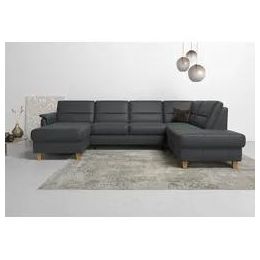 Wohnlandschaft Home Affaire "Palmera U-Form" Sofas Gr. B/H/T: 308cm x 89cm x 212cm, NaturLEDER, Ottomane rechts, mit Bettfunktion-mit Bettkasten-Bett mit Leder bezogen, schwarz Federkern, wahlweise mit Bettfunktion und mitohne Stauraum