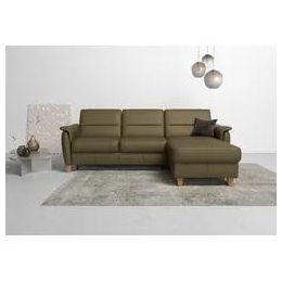 Ecksofa Home Affaire "Palmera L-Form" Sofas Gr. B/H/T: 244 cm x 89 cm x 163 cm, NaturLEDER, Recamiere rechts, mit Bettfunktion-mit Bettkasten-Bett im Stoff bezogen, grün (olive) Federkern, wahlweise mit Bettfunktion und mitohne Bettkasten