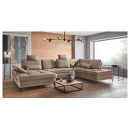 Wohnlandschaft Places of Style "Costello U-Form" Sofas Gr. B/H/T: 363 cm x 89 cm x 223 cm, Struktur fein, Recamiere links, mit Bettfunktion-mit Stauraum, braun (hellbraun) incl. Sitztiefenverstellung und Armlehnfunktion, 3 Nierenkissen