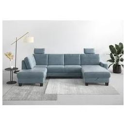 Wohnlandschaft Home Affaire "Summer U-Form" Sofas Gr. B/H/T: 314 cm x 91 cm x 170 cm, Breitcord, Recamiere rechts, mit Bettfunktion-mit Bettkasten-ohne Federkern, blau (blau, grau) mit oder ohne Bettfunktion und Bettkasten, wengefarbene Holzfüße