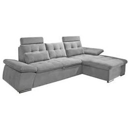 Ecksofa ED EXCITING DESIGN "Nalo L-Form" Sofas Gr. B/H/T: 268cm x 103cm x 170cm, Microvelours, Recamiere rechts, grau (dunkelgrau) mit Bettfunktion, Kopfstützen, Nierenkissen, Armteilverstellung