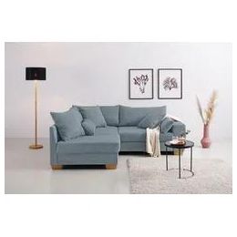 Ecksofa Home Affaire "Helena II, L-Form" Sofas Gr. B/H/T: 227 cm x 77 cm x 190 cm, Cord, Ottomane links, mit Bettfunktion, blau (blau, grau) Mit Federkern, wahlweise mit Bett und Taschenfederkern