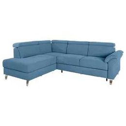 Sit & More Ecksofa SIT & MORE "Arngast L-Form" Sofas Gr. B/H/T: 245cm x 84cm x 194cm, Struktur weich, Ottomane links, mit Bettfunktion-mit Bettkasten, blau (hellblau) inklusive Kopfteilverstellung und Federkern