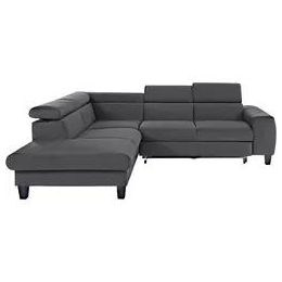 Ecksofa COTTA "Morven L-Form" Sofas Gr. B/H/T: 249cm x 75cm x 207cm, Flachgewebe, Ottomane links, ohne Bettfunktion-ohne Bettkasten-mit Ladestation-mit Kopfteilverstellung, grau (schwarzgrau) Kopfteilverstellung, wahlweise mit Bettfunktion und Bettkasten