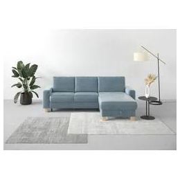 Ecksofa Home Affaire "Summer L-Form" Sofas Gr. B/H/T: 249 cm x 91 cm x 164 cm, Breitcord, Recamiere rechts, mit Bettfunktion-mit Bettkasten-ohne Federkern, blau (blau, grau) mit Recamiere, oder ohne Bettfunktion und Bettkasten, Cord-Bezug