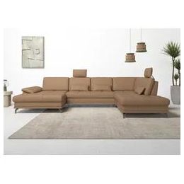 Wohnlandschaft Places of Style "Costello U-Form" Sofas Gr. B/H/T: 363 cm x 89 cm x 223 cm, NaturLEDER, Recamiere links, ohne Bettfunktion-ohne Stauraum-Rücken Leder, braun (cappucino) incl. Sitztiefenverstellung und Armlehnfunktion, 3 Nierenkissen