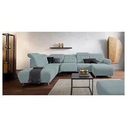 Wohnlandschaft Places of Style "Manhattan U-Form" Sofas Gr. B/H/T: 345cm x 102cm x 247cm, Struktur, Ottomane links, blau (aqua) 2 Sitze mit elektrischer Relaxfunktion, verstellbare Armlehnen