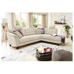 Ecksofa Home Affaire "Trondheim L-Form" Sofas Gr. B/H/T: 260cm x 89cm x 214cm, Luxus-Microfaser, Ottomane rechts, mit Vorziehfunktion-mit Stauraum, beige (creme) mit Federkern und Knopfheftung im Rücken, Füße Buche dunkel