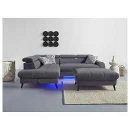 Ecksofa COTTA "Mia L-Form" Sofas Gr. B/H/T: 244cm x 74cm x 193cm, Microfaser, Ottomane links, Mit Bettfunktion-mit Bettkasten-ohne RGB-LED-Beleuchtung-mit Wireless Charger, grau 3-tlg.-Kissen-Set, Ottomane, wahlweise mit oder ohne RGB-Beleuchtung