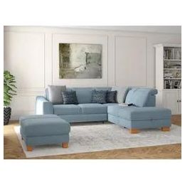 Sit & More Ecksofa SIT & MORE "Dundee L-Form" Sofas Gr. B/H/T: 263cm x 86cm x 219cm, Struktur weich, Ottomane rechts, mit Kopfteilverstellung-mit Bettfunktion-mit Stauraum, blau (hellblau) mit Federkern und Massivholzfüßen, wahlweise Kopfteilverstellung