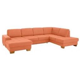 Wohnlandschaft Home Affaire "Puccini U-Form" Sofas Gr. B/H/T: 340cm x 86cm x 224cm, Luxus-Microfaser, Ottomane rechts, mit Bettfunktion-mit Stauraum, orange (terra) mit Federkern, Sitztiefenverstellung, Kontrastnaht