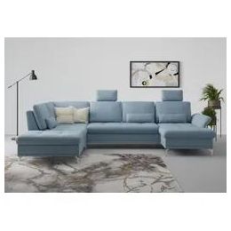 Wohnlandschaft Inosign "Palm Beach U-Form" Sofas Gr. B/H/T: 347 cm x 89 cm x 224 cm, Olympia EASY CLEAN, mega-Recamiere rechts, mit Sitztiefenverstellung-ohne Bettfunktiom-ohne Stauraum-ohne Armteilverstellung, blau (hellblau) Federkern, mit Sitztiefenverstellung, wahlweise Bettfunktion