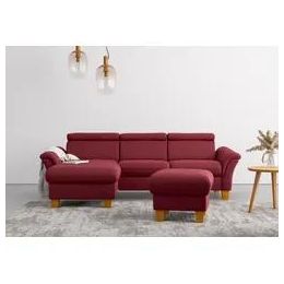 Ecksofa Home Affaire "Lindgren L-Form" Sofas Gr. B/H/T: 258cm x 84cm x 169cm, Luxus-Microfaser Florence, Recamiere links, mit Bettfunktion mit einklappbaren Rollen-mit Bettkasten-mit Kopfteilverstellung-ohne Relaxfunktion motorisch im Recamiere-ohne Federkern, rot (bordeaux) wahlweise mit Bett klappbaren Rollen, Kasten und Kopfverstellung