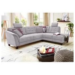 Ecksofa Home Affaire "Trondheim L-Form" Sofas Gr. B/H/T: 260cm x 89cm x 214cm, Luxus-Microfaser, Ottomane rechts, ohne Vorziehfunktion-ohne Stauraum, silberfarben (silber) mit Federkern und Knopfheftung im Rücken, Füße Buche dunkel