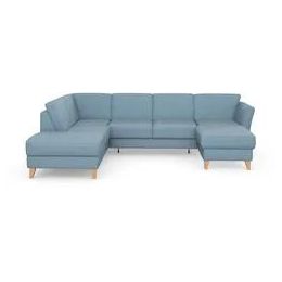 Sit & More Wohnlandschaft SIT&MORE "Visby U-Form" Sofas Gr. B/H/T: 303 cm x 87 cm x 213 cm, Soft clean, Ottomane links, mit Bettfunktion-mit Stauraum, blau (hellblau) wahlweise mit Bettfunktion und Stauraum, frei im Raum stellbar