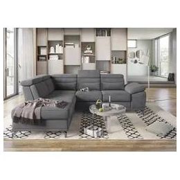 Sit & More Ecksofa SIT&MORE "Cabrio L-Form" Sofas Gr. B/H/T: 274 cm x 87 cm x 230 cm, Struktur weich, langer Schenkel rechts, mit Bettfunktion-mit Bettkasten-mit Sitztiefenverstellung-mit Kopfteilverstellung-mit Armteilfunktion-mit 3 Nierenkissen, grau mit Sitztiefenverstellung und Federkern, 3 Nierenkissen