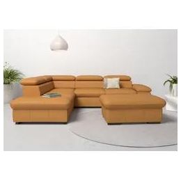 Ecksofa Home Affaire "Alberto L-Form" Sofas Gr. B/H/T: 272cm x 73cm x 226cm, NaturLEDER, Ottomane links, mit Bettfunktion-Bett mit Leder bezogen, gelb (curry) mit Ottomane, inkl. Kopfteilverstellung, wahlweise Bettfunktion