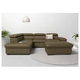 Ecksofa Home Affaire "Alberto L-Form" Sofas Gr. B/H/T: 272cm x 73cm x 226cm, NaturLEDER, Ottomane links, mit Bettfunktion-Bett mit Leder bezogen, grün (olive) mit Ottomane, inkl. Kopfteilverstellung, wahlweise Bettfunktion