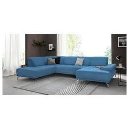 Wohnlandschaft Places of Style "Caluna U-Form" Sofas Gr. B/H/T: 332cm x 81cm x 234cm, Flachgewebe, Recamiere rechts, blau (pacific) mit Sitztiefen- und Kopfteilverstellung