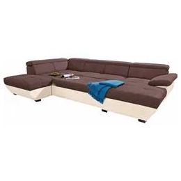 Wohnlandschaft COTTA "Speedway U-Form" Sofas Gr. B/H/T: 332cm x 79cm x 102cm, Kunstleder SOFTLUX-Luxus-Microfaser, Recamiere rechts, mit Bettfunktion-mit Bettkasten-mit Kopfteilverstellung, braun (creme, braun) wahlweise mit Bettfunktion und Bettkasten