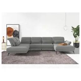 Wohnlandschaft Inosign "Coco U-Form" Sofas Gr. B/H/T: 382 cm x 88 cm x 242 cm, Breitcord, mega-Recamiere rechts, mit Sitztiefenverstellung-mit Armteilverstellung-mit Kopfteilverstellung-mit Federkern, silberfarben (silber) Sitztiefen-, Arm- und Kopfteilverstellung, Cord-Bezug, Fußhöhe 15 cm