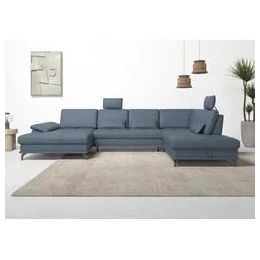 Wohnlandschaft Places of Style "Costello U-Form" Sofas Gr. B/H/T: 363cm x 89cm x 223cm, NaturLEDER, Recamiere links, mit Bettfunktion-mit Stauraum-Bett mit Leder bezogen, blau (graublau) incl. Sitztiefenverstellung und Armlehnfunktion, 3 Nierenkissen