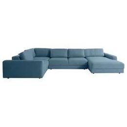 Wohnlandschaft Places of Style "Bloomfield, U-Form" Sofas Gr. B/H/T: 405cm x 84cm x 224cm, Struktur grob, mega-Recamiere rechts, XXL mit Sitztiefenverstellung, blau (tepestry) mit extra tiefer Sitzfläche, wahlweise Sitztiefenverstellung