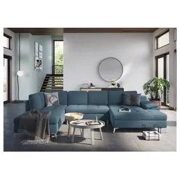 Sit & More Wohnlandschaft SIT&MORE "Latigo U-Form" Sofas Gr. B/T: 346 cm x 201 cm, Flachgewebe, mega-Recamiere rechts, mit Bettfunktion-mit Bettkasten, blau (pacific) mit Mega-Recamiere, wahlweise Bettfunktion und Bettkasten