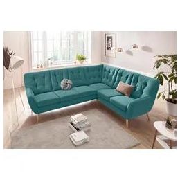 Ecksofa exxpo - SOFA FASHION "Scandi, bequem und komfortabel mit aufwendiger Rückenpolsterung", blau (türkis), B:258cm H:92cm T:92cm, Korpus: 100% PES, Luxus-Microfaser (100% Polyester), Sofas, in aktuellen Farben in hochwertigen Bezugsqualitäten, L-Form