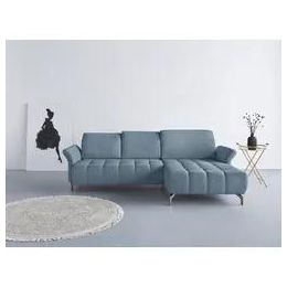 Ecksofa Inosign "Fresh L-Form" Sofas Gr. B/H/T: 281 cm x 79 cm x 185 cm, Olympia EASY CLEAN, mega-Recamiere rechts, mit Armteilverstellung-mit Kopfteilverstellung-mit Vorziehsitz motorisch, blau (hellblau) Federkern, wahlweise Kopfteilverstellung und motorischer Vorziehsitz