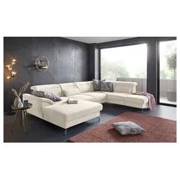 Sit & More Wohnlandschaft SIT & MORE "Percy U-Form" Sofas Gr. B/H/T: 343cm x 77cm x 235cm, Luxus-Microfaser Paris, Recamiere links, mit satiniertem Nickelfuß, beige (creme) 12 cm Fußhöhe, Sitztiefenverstellung, wahlweise in 2 Fußfarben