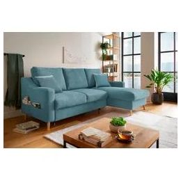 Ecksofa Inosign "Valentina L-Form" Sofas Gr. B/H/T: 228cm x 94cm x 150cm, Luxus-Microfaser, Recamiere rechts-Bettfunktion links, blau (denim) 2 Zierkissen, mit Seitentasche, ausziehbarer Liegefläche, Bettkasten