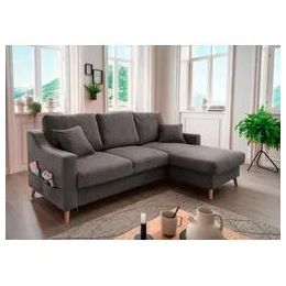 Ecksofa Inosign "Valentina L-Form", grau (anthrazit), B:228cm H:94cm T:150cm, 100% Polyester, Sofas, 2 Zierkissen, mit Seitentasche, ausziehbarer Liegefläche, Bettkasten