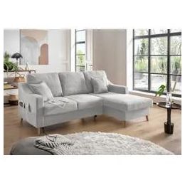 Ecksofa Inosign "Valentina L-Form" Sofas Gr. B/H/T: 228cm x 94cm x 150cm, Cord, Recamiere rechts-Bettfunktion links, silberfarben (silber) 2 Zierkissen, mit Seitentasche, ausziehbarer Liegefläche, Bettkasten