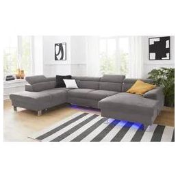 Wohnlandschaft COTTA "Komaris U-Form" Sofas Gr. B: 320 cm, Microfaser PRIMABELLE, Ottomane links, mit Bettfunktion-mit Bettkasten-ohne RGB-LED-Beleuchtung-mit Kopfteilverstellung, grau (darkgrey) inklusive Kopfteilverstellung, wahlweise mit Bettfunktion und RGB-LED