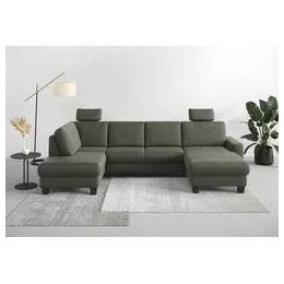 Wohnlandschaft Home Affaire "Summer U-Form" Sofas Gr. B/H/T: 314 cm x 91 cm x 170 cm, Feincord, Recamiere rechts, ohne Bettfunktion-ohne Bettkasten-mit Federkern, grün (olive) mit oder ohne Bettfunktion und Bettkasten, wengefarbene Holzfüße