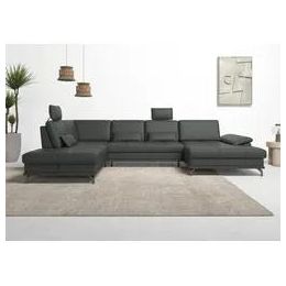 Wohnlandschaft Places of Style "Costello U-Form" Sofas Gr. B/H/T: 363cm x 89cm x 223cm, Material, Recamiere rechts, mit Bettfunktion-mit Stauraum-Bett im Stoff bezogen, grau (anthrazit) incl. Sitztiefenverstellung und Armlehnfunktion, 3 Nierenkissen