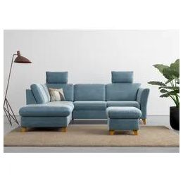 Ecksofa Home Affaire "Trelleborg L-Form" Sofas Gr. B/H/T: 252cm x 86cm x 213cm, Breitcord, Ottomane links, ohne Bettfunktion-ohne Stauraum, blau (blau, grau) wahlweise mit Bettfunktion und Bettkasten, inkl. Federkern-Polsterung