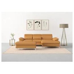 Sit & More Ecksofa SIT & MORE "Cabrio L-Form" Sofas Gr. B/H/T: 295cm x 87cm x 180cm, NaturLEDER, Recamiere rechts, mit Bettfunktion-mit Bettkasten-mit Sitztiefenverstellung-mit Kopfteilverstellung-mit Armteilfunktion-mit 2 Nierenkissen-Bett im Stoff bezogen, gelb (curry) mit Sitztiefen- und Armteilverstellung sowie Federkern, 2 Nierenkissen