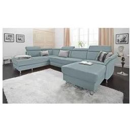 Sit & More Wohnlandschaft SIT & MORE "Avignon U-Form" Sofas Gr. B/H/T: 331cm x 97cm x 228cm, Struktur, Recamiere rechts, mit Kopfteilverstellung, blau (aqua) wahlweise mit Bettfunktion und Stauraum, inklusive Kopfteilverstellung